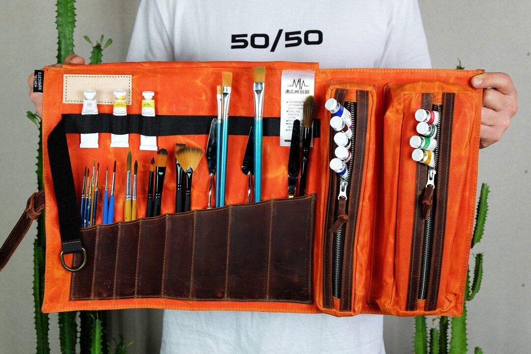 Waxed Canvas Artist Tool Roll: Leather Brush & Pencil Holder ...