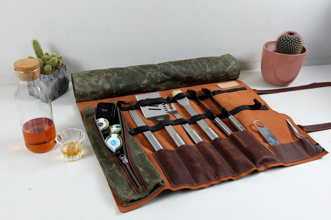 Waxed Canvas Grill Utensil Roll, Barbecue Accessories Storage ...