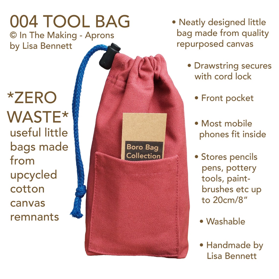 Little Tool Bag Pouch With Drawstring Top and Pocket, in Durable Cotton ...
