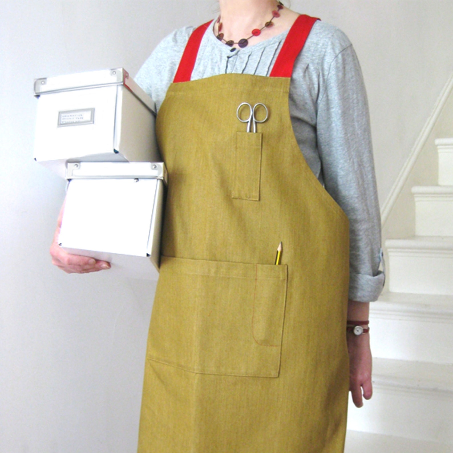 Ochre Heavyweight Denim Apron. Crossback Design With Red Adjustable ...
