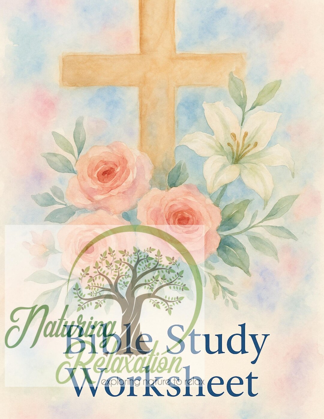 Bible Study Worksheet Cover | Watercolor Cross With Lilies & Roses ...
