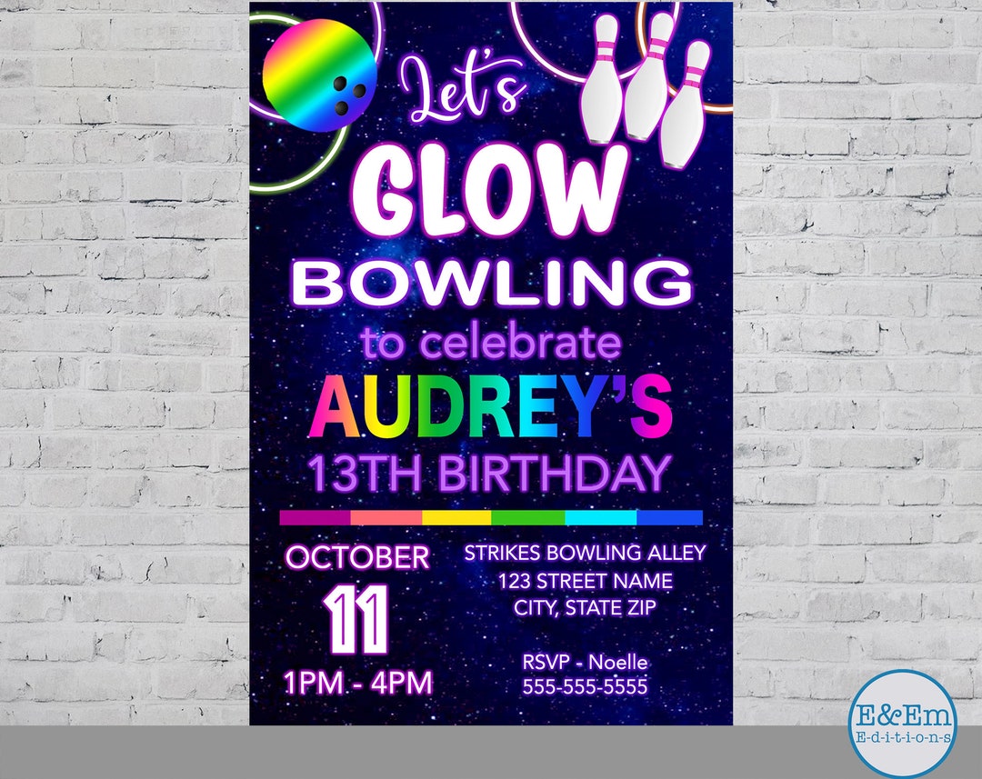 Glow Bowling Birthday Invitation, Bowl Party Invitations, Neon Bowling ...