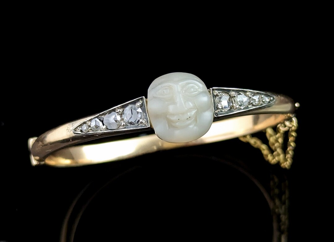 Antique Diamond Man in the Moon Bangle, 18ct Gold, Mother of Pearl ...