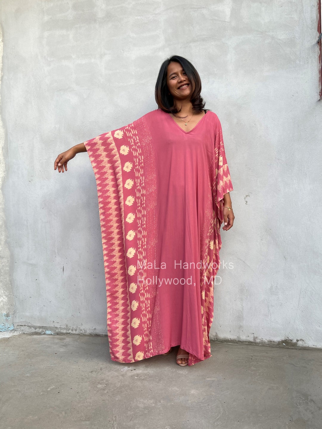 A-208 Pink Kaftan Dress Hand Silkscreened - Indian Dress Gifts for Her Mumu Caftan Dress for ...