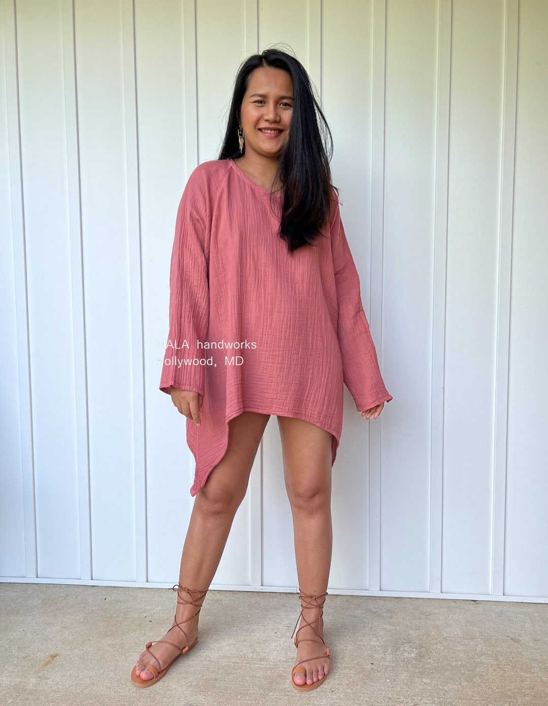 X-15 Pink Salmon Double Gauze Long Sleep Blouses, Long Sleep Blouses ...