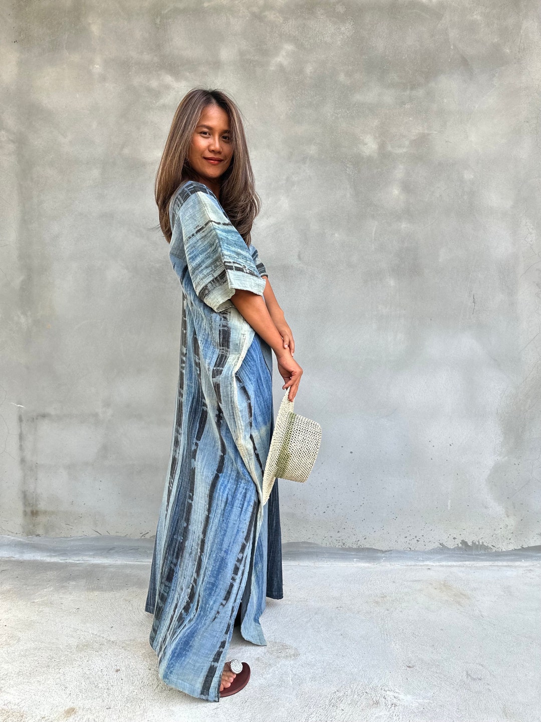 Natural Indigo Dye Kaftan, Cruise Wear, Long Double Gauze Cotton Dess ...