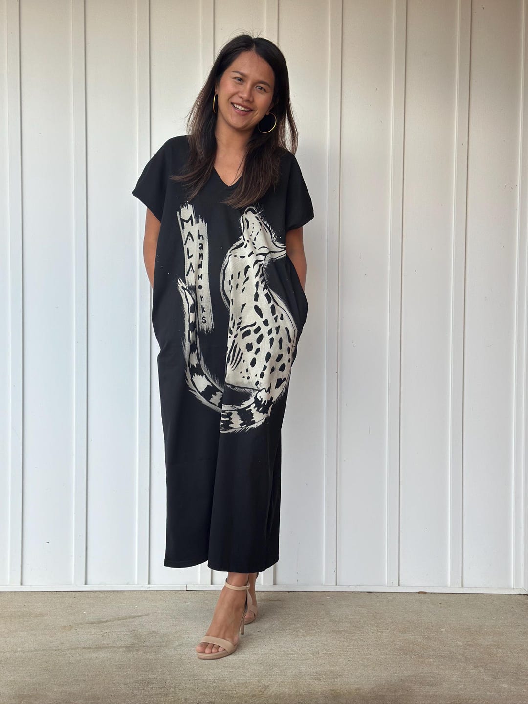 Alisa Black With Hand Batik Tiger Kaftan Dress AS-22 Lounge Dress ...