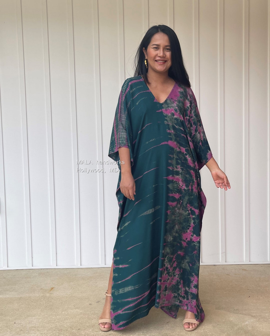 Green Tie Dye With Fuchsia Kaftan A-78 Maxi Kaftan Dress Handmade Womens Plus Size Clothing ...