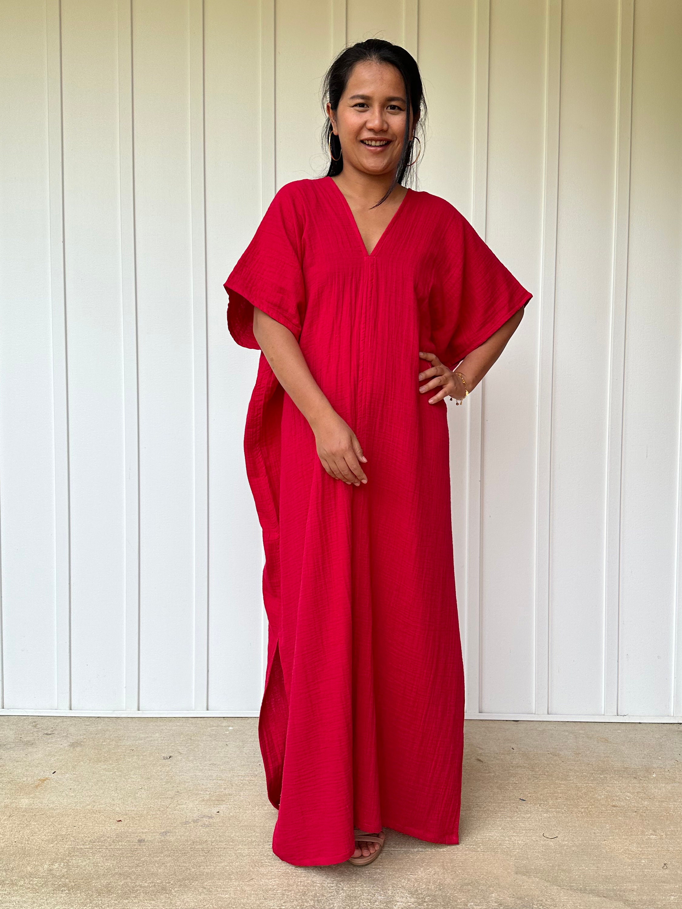 Red Double Gauze Cotton Kaftan Dress DG-4 ~ Gift for Her, Winter Kaftan ...