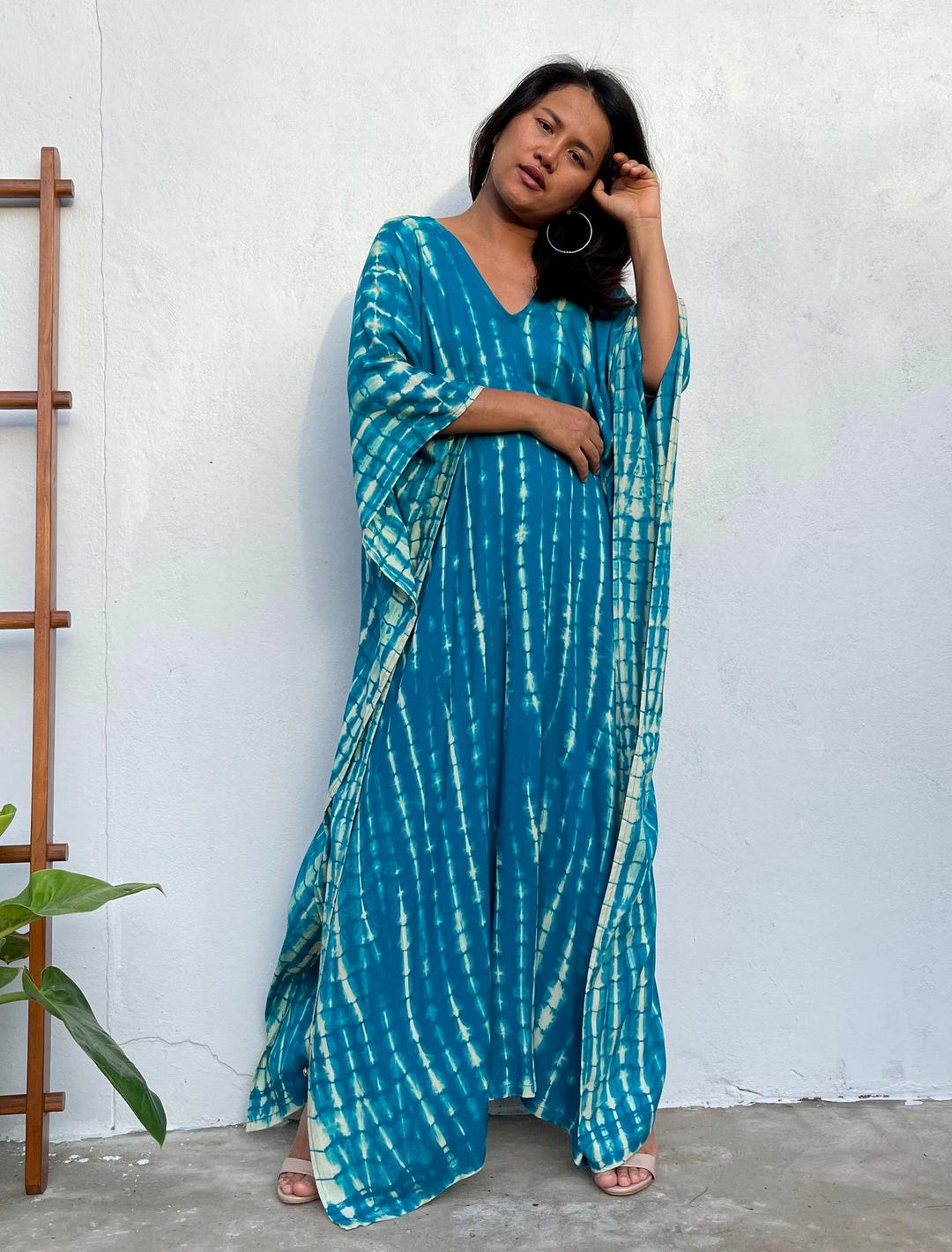 A-99 Teal Aqua Blue W/ off White Tie Dye Kaftan, Moroccan Caftan for ...