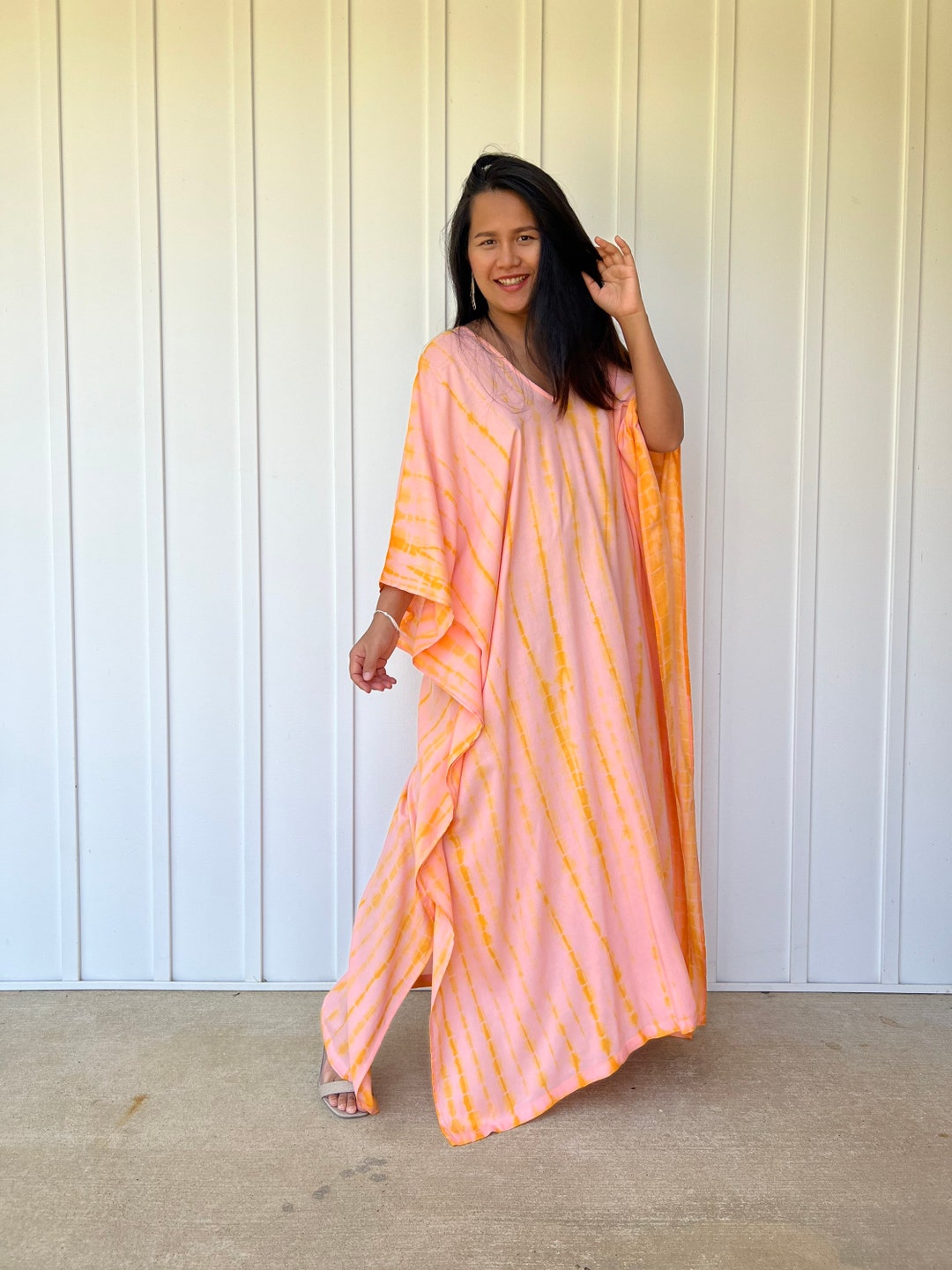 Peach With Orange Tie Dye Kaftan A-35 Fall Style Caftans for Women Lounge Wear Plus Size Rayon ...
