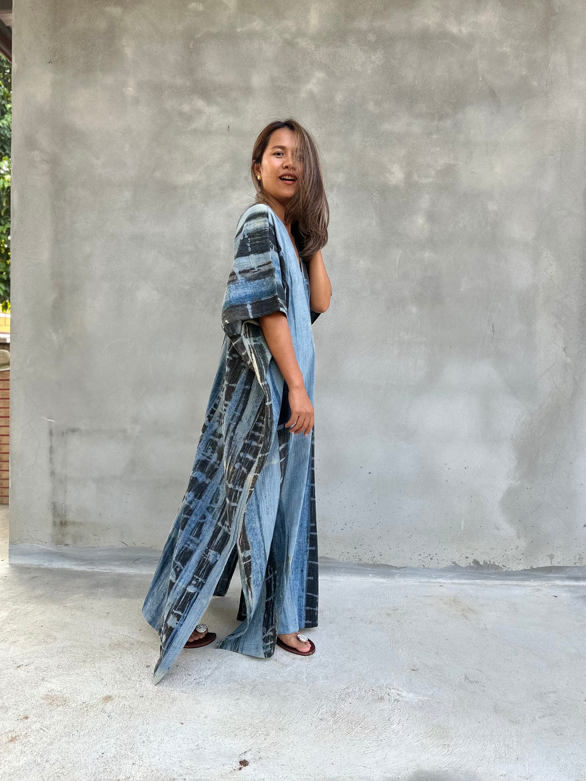 Natural Indigo Dye Kaftan, Cruise Wear, Long Double Gauze Cotton Dess ...