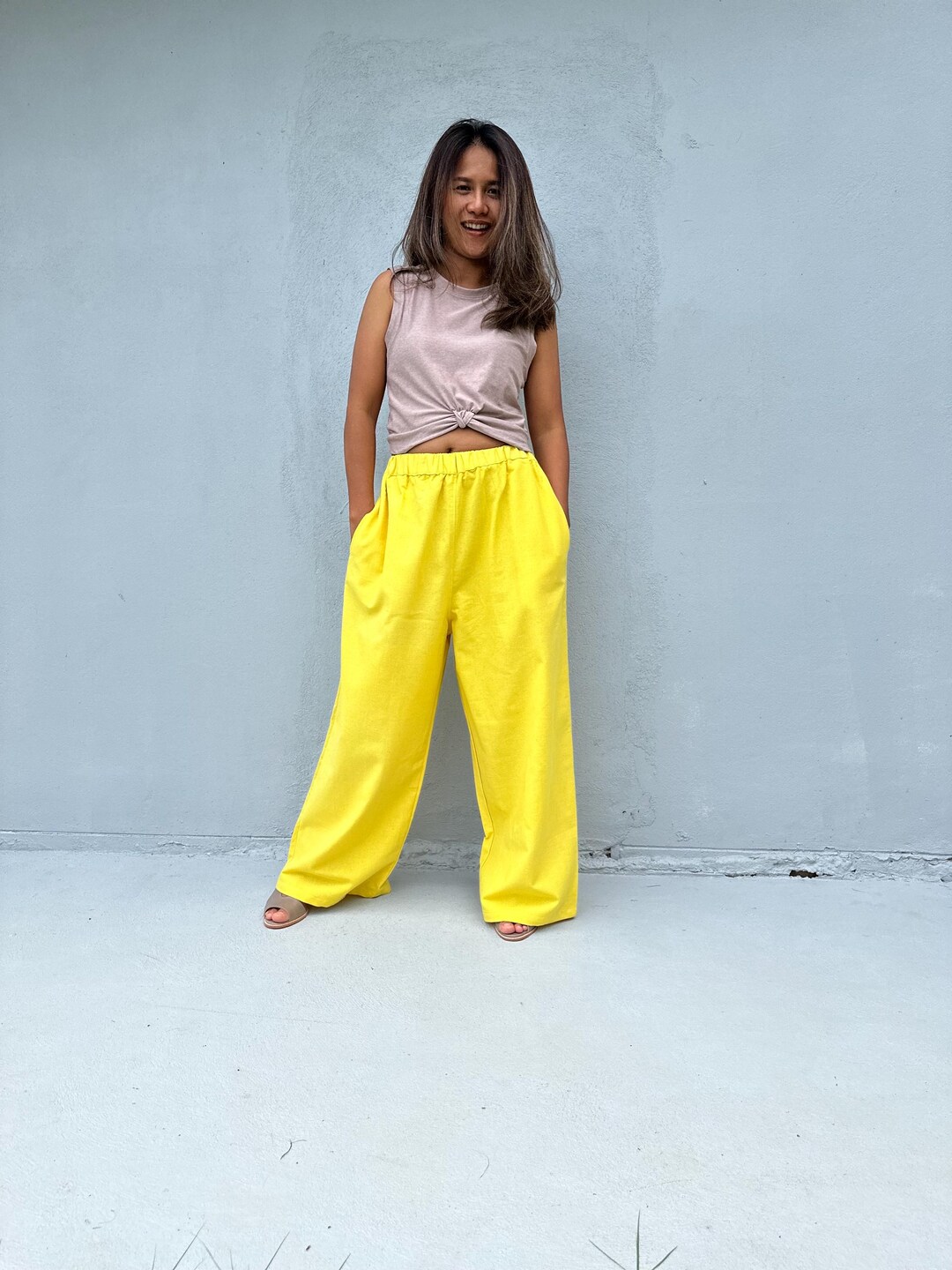 Yellow Baggy Pants ~ Wide Leg Pants With Elastic Waist, Palazzo ...