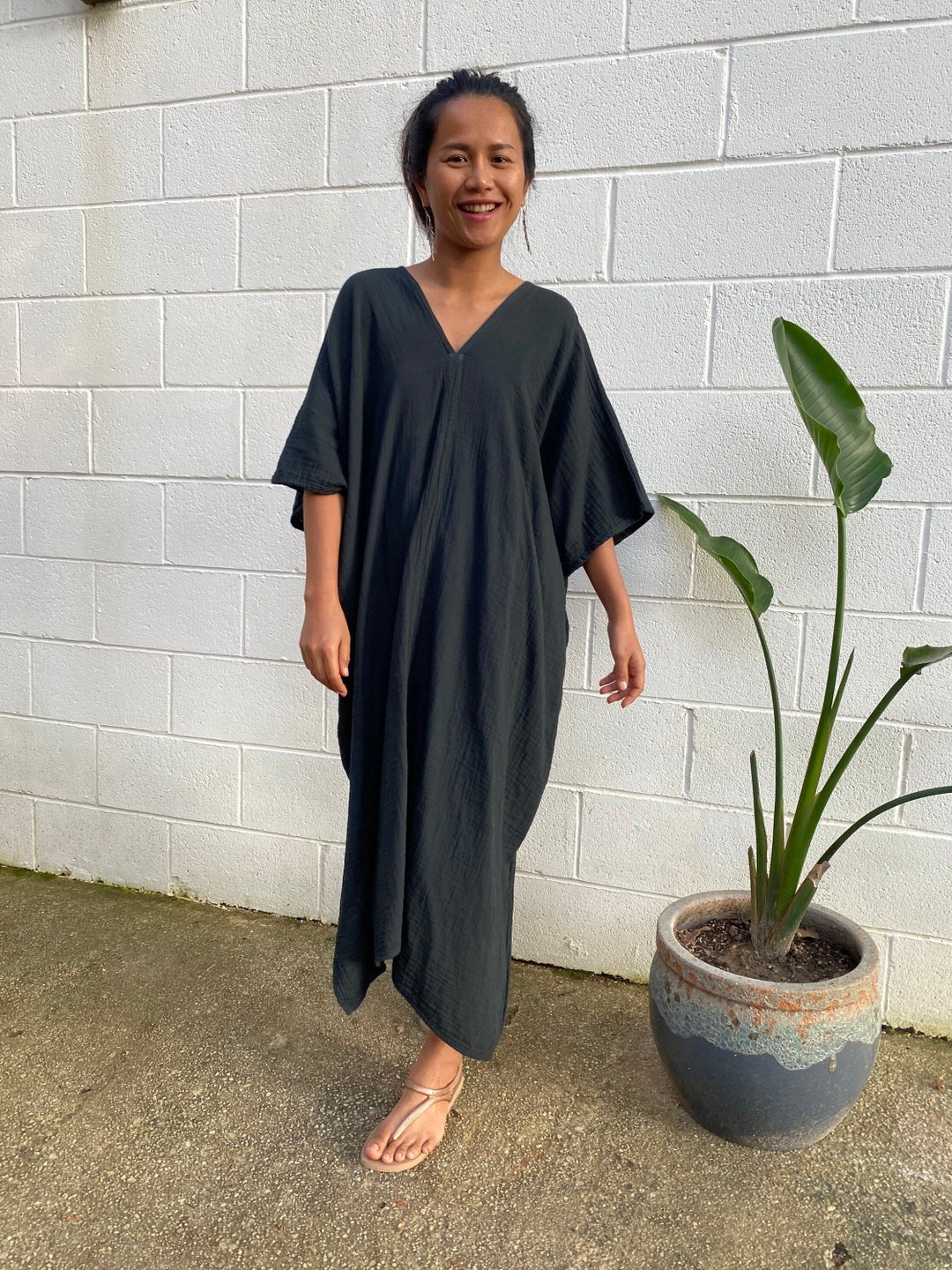 Black Midi Kaftan Dress Plus Size DS-1 ~ Double Gauze Cotton Caftan ...