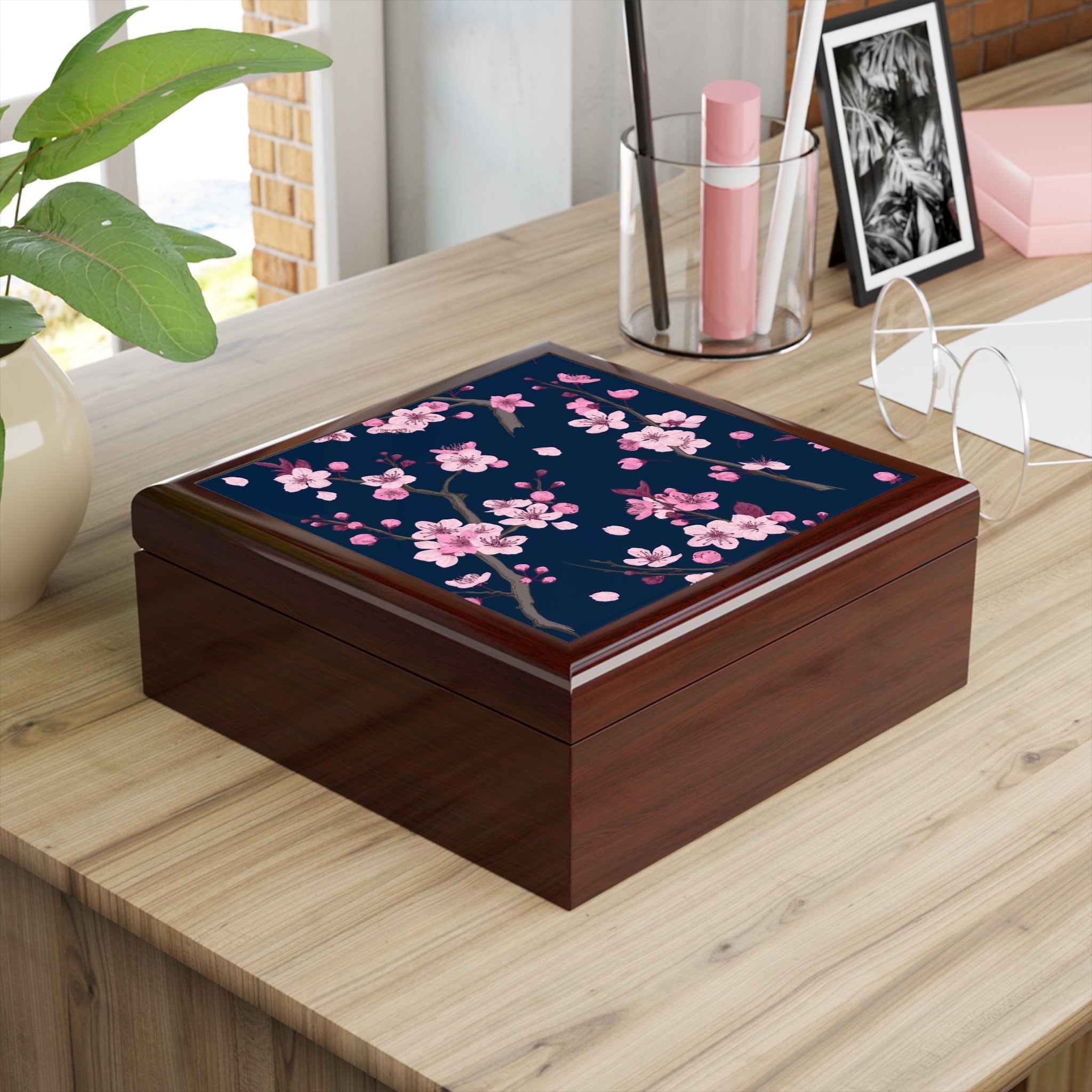 Sakura Pink Cherry Blossom Branches Jewelry Box Wooden Keepsake Box ...