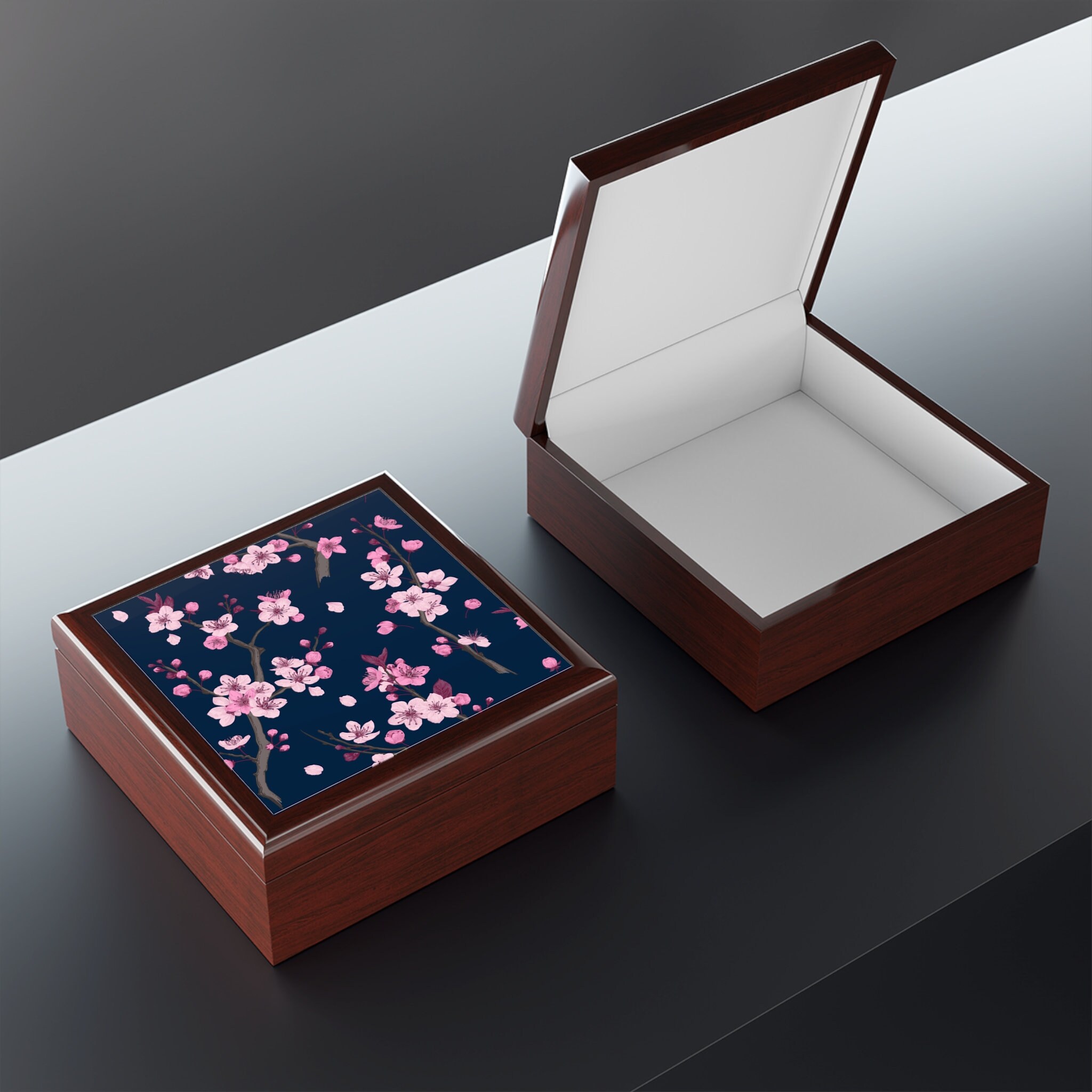 Sakura Pink Cherry Blossom Branches Jewelry Box Wooden Keepsake Box ...