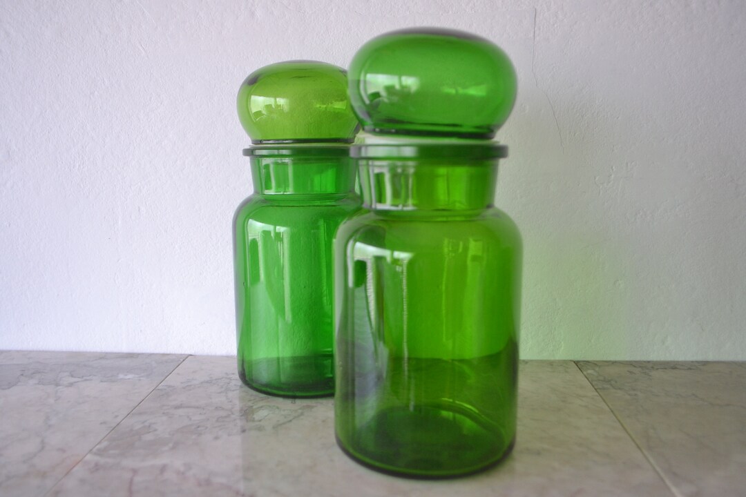 Vintage Belgian Apothecary Jars/ Green Glass Bubble Top Containers ...