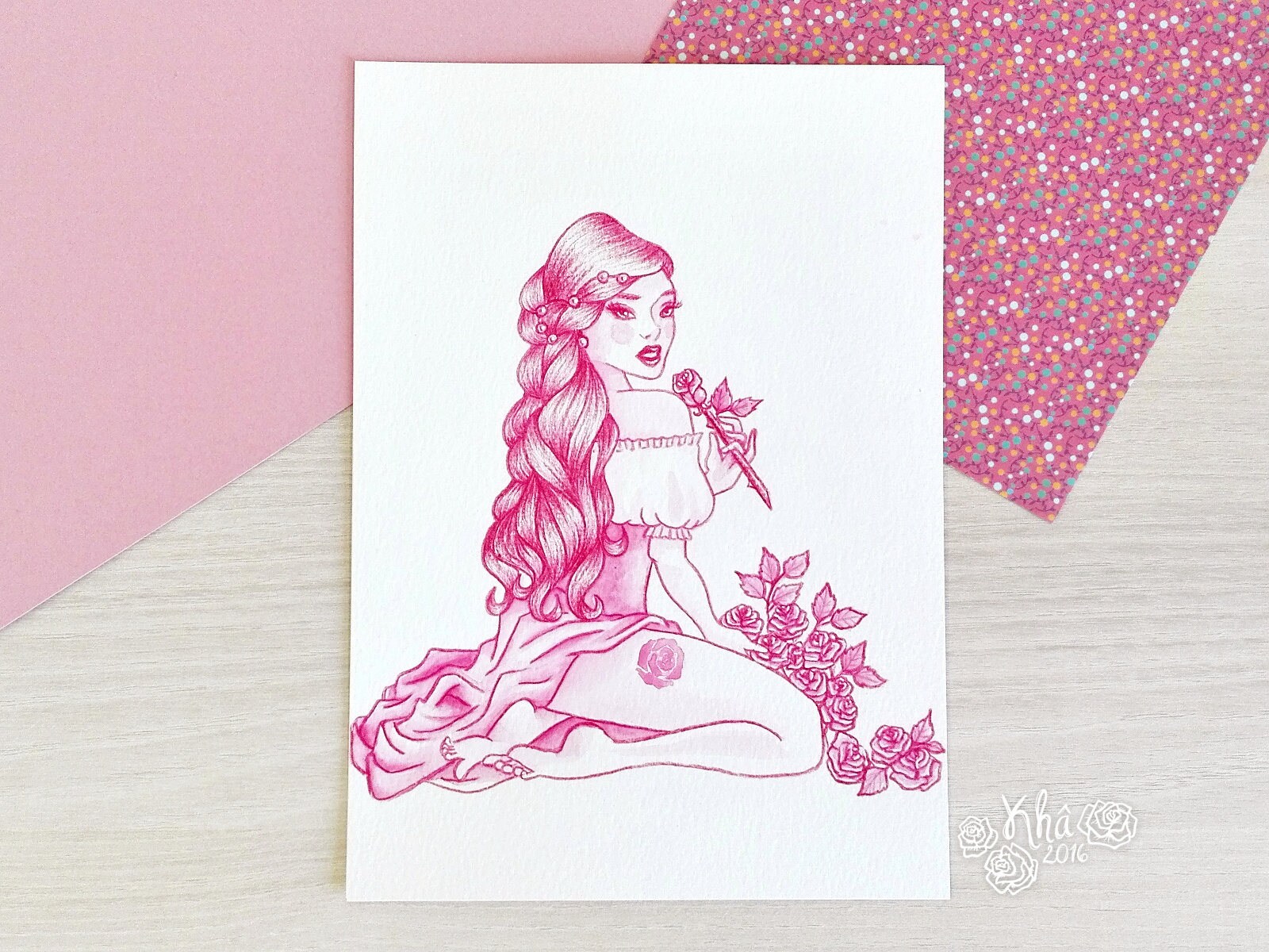 Pink Watercolor of a Girl With a Rose original Art Inspired by Scarlett ...