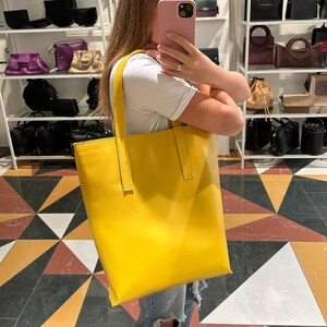 Yellow Tote Handbag, Natural Leather Work Bag for Laptop, Yellow Tote ...