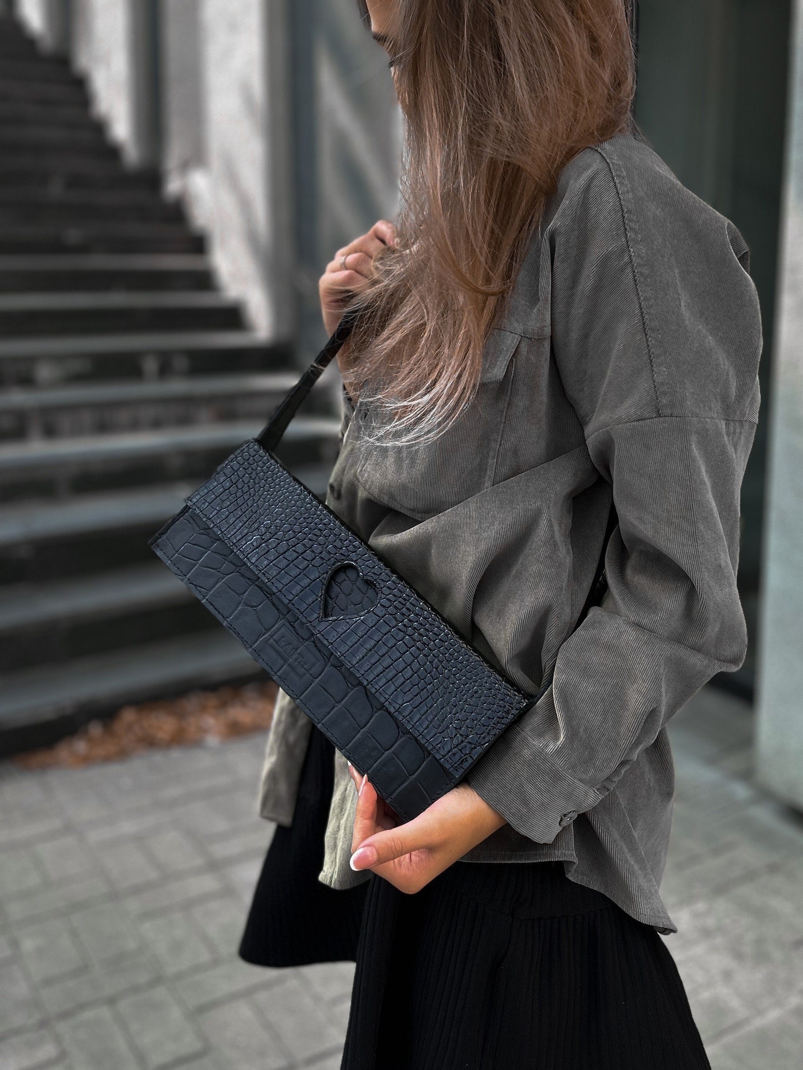 Black Leather Shoulder Bag, Long Rectangle Handbag With Heart - Etsy