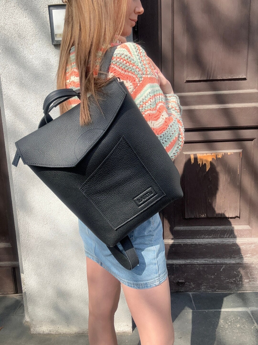 Natural Leather Backpack, Black Laptop Bag, Stylish Handbag, Gift for ...