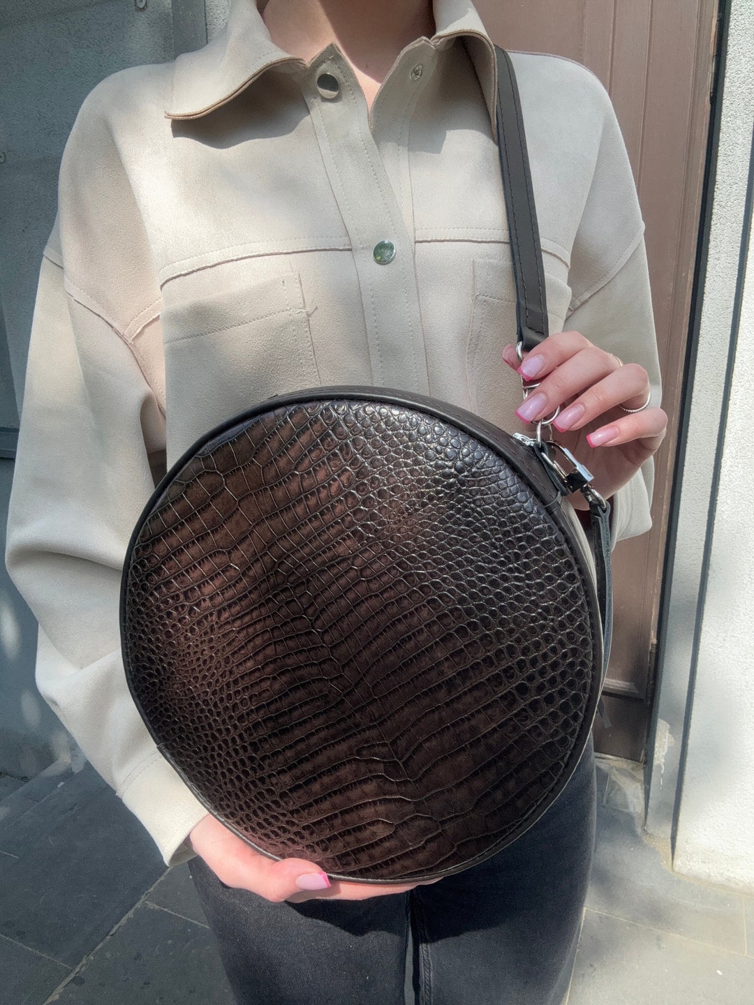 Circle Handbag Custom Made Leather, Brown Crossbody Bag, Adjustable ...