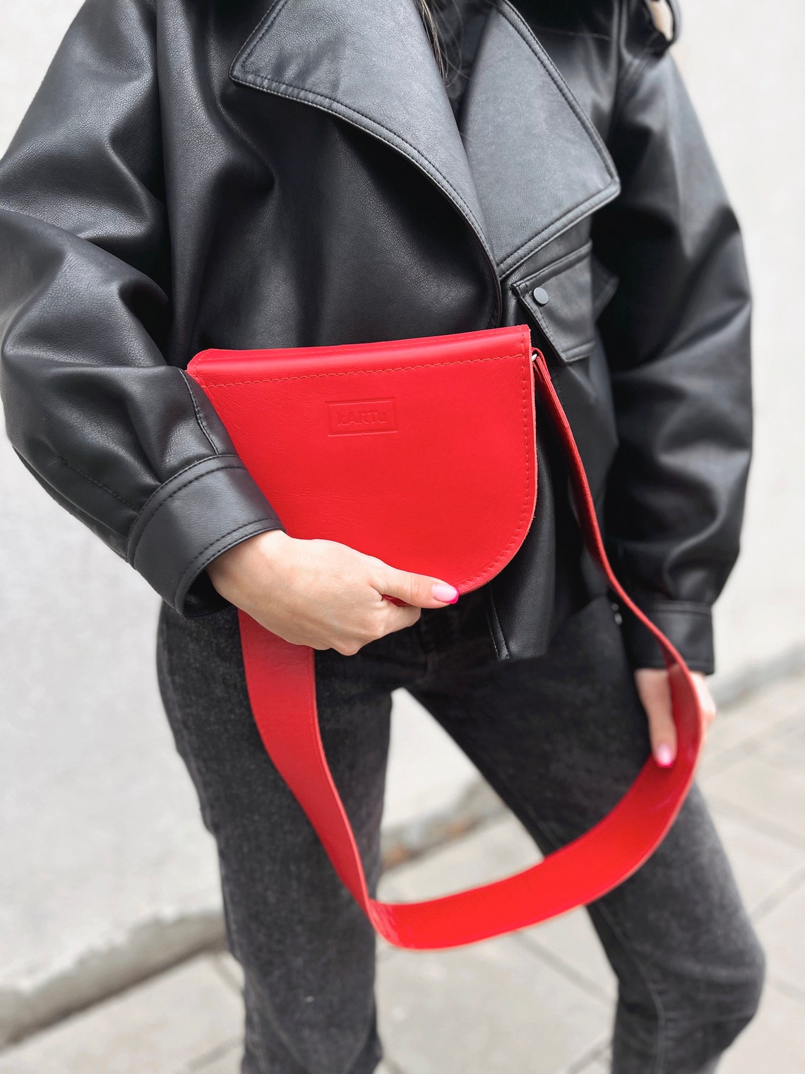 Round Bottom Red Small Handbag, Trendy Mini Bag, Has Two Straps, Waist ...