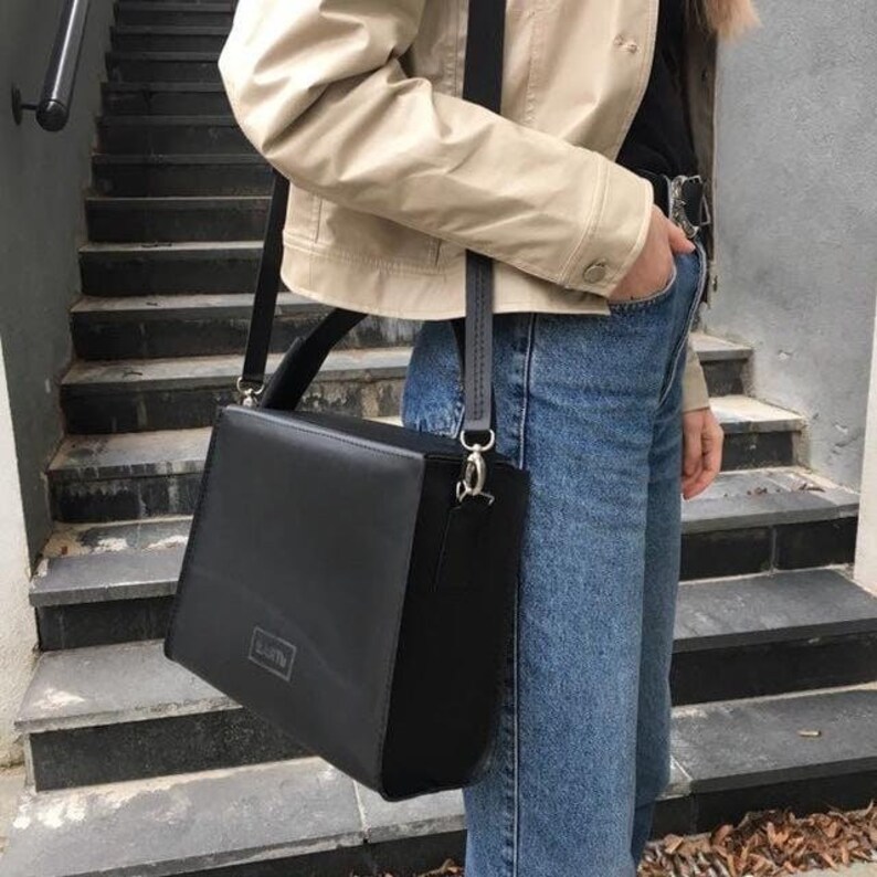 Black Leather Handbag – Large Structured Bag, Square Top Handle Purse ...