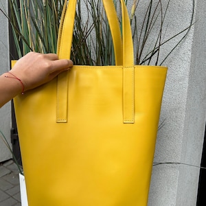 Yellow Tote Handbag, Natural Leather Work Bag for Laptop, Yellow Tote ...