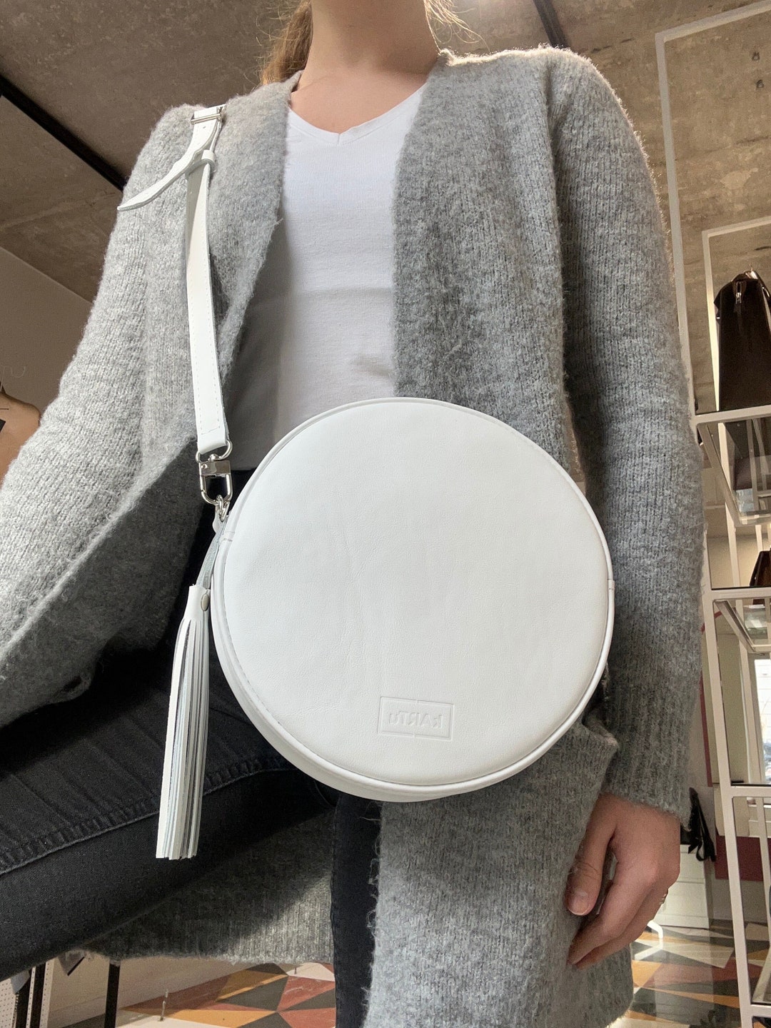Round Cross-body Bag, Natural Leather Round Purse, White Handbag for ...