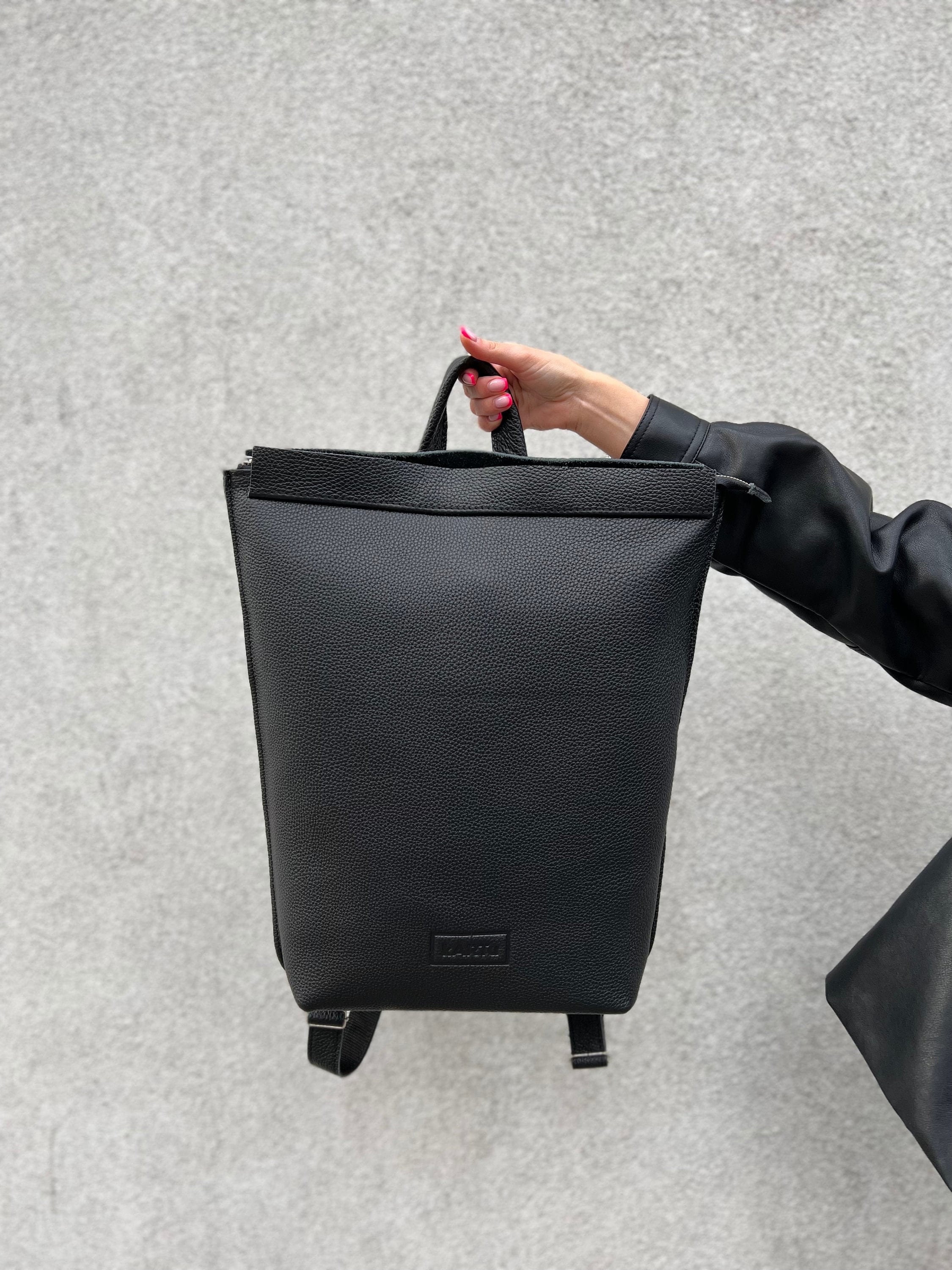 Unisex Leather Backpack, Black Leather Rucksack, Spacy Laptop Case ...