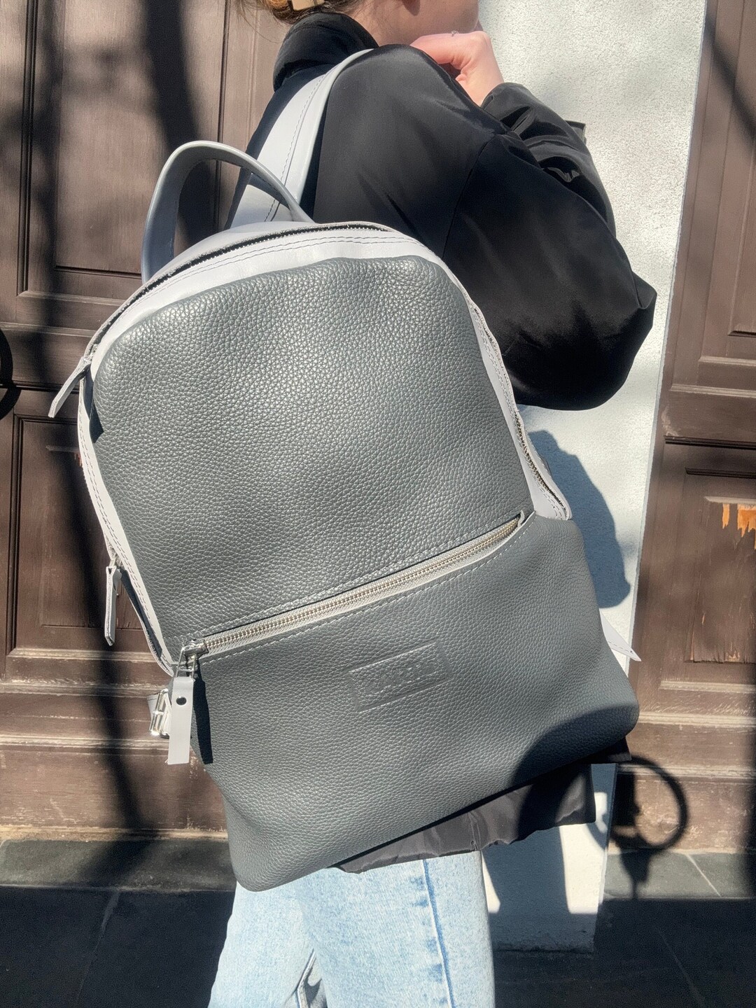 Gray Leather Handbag, Natural Leather Backpack, Bag for Business ...