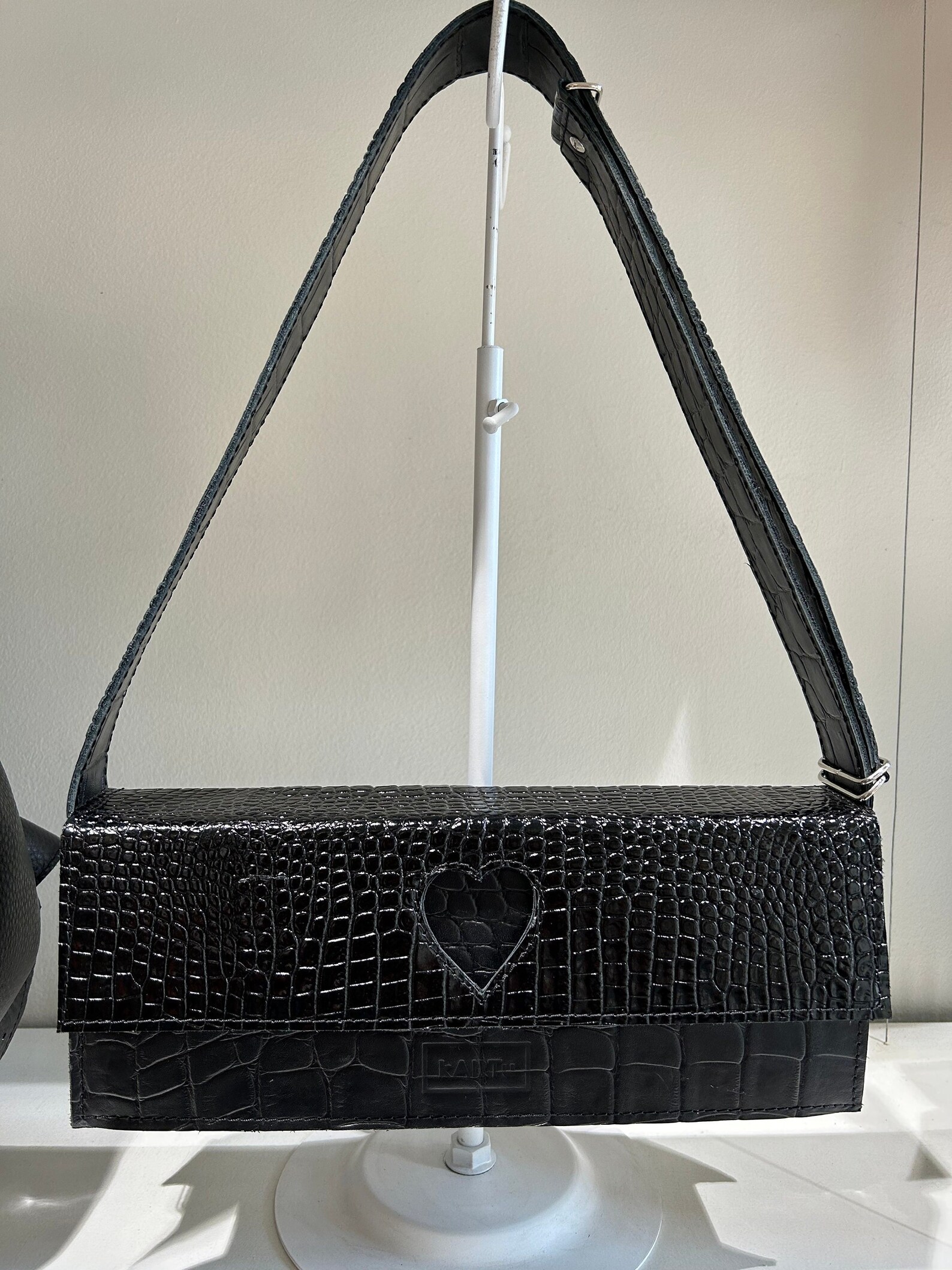 Black Leather Shoulder Bag, Long Rectangle Handbag With Heart - Etsy