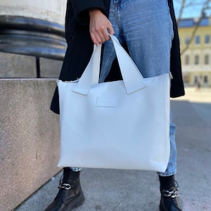 Large White Leather Work Bag – Handmade Travel Tote, Custom Office ...