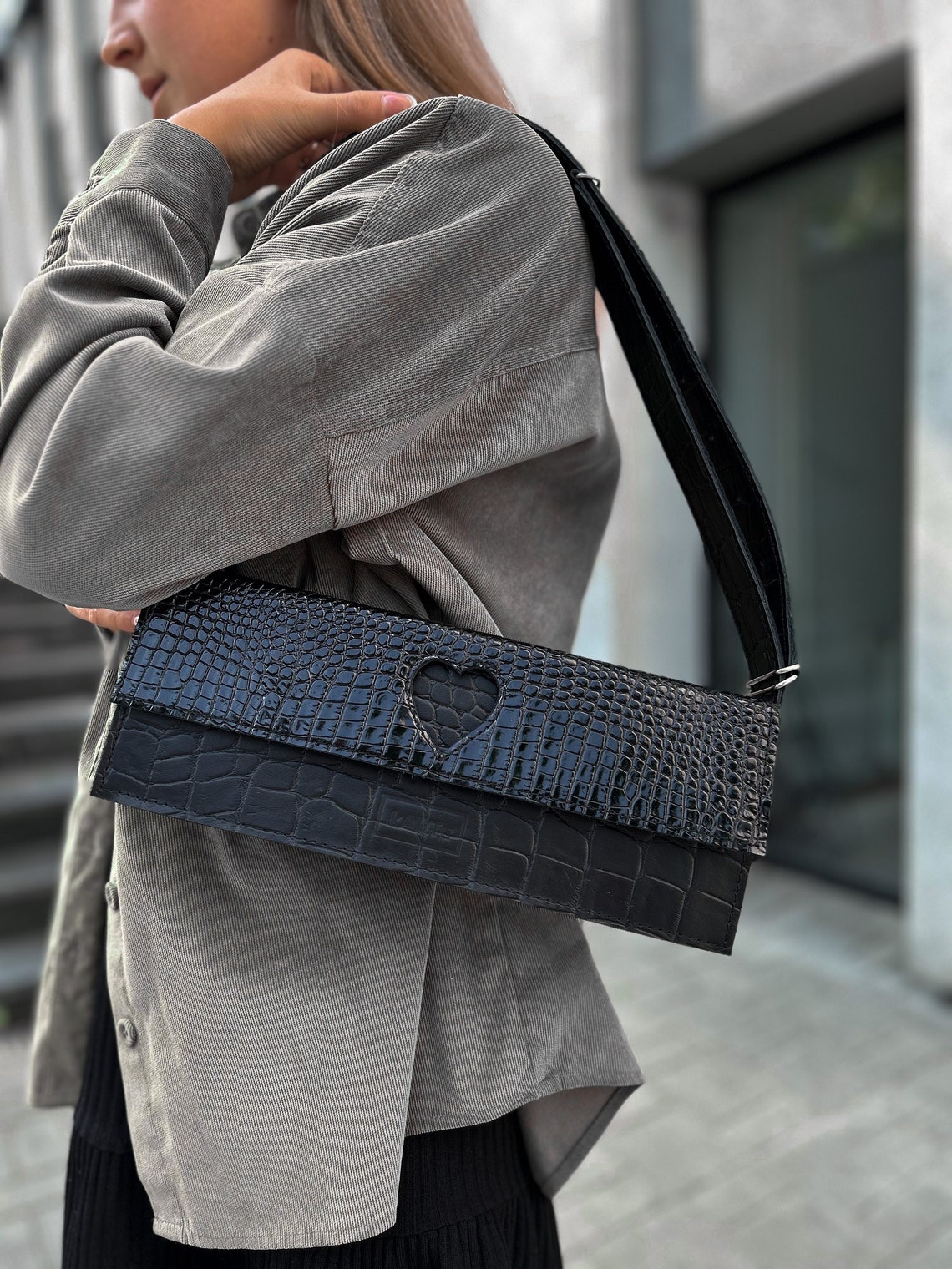 Black Leather Shoulder Bag, Long Rectangle Handbag With Heart - Etsy