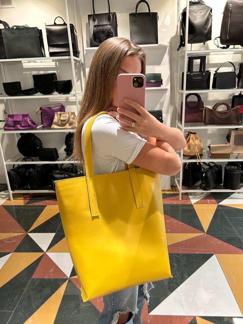 Yellow Tote Handbag, Natural Leather Work Bag for Laptop, Yellow Tote ...