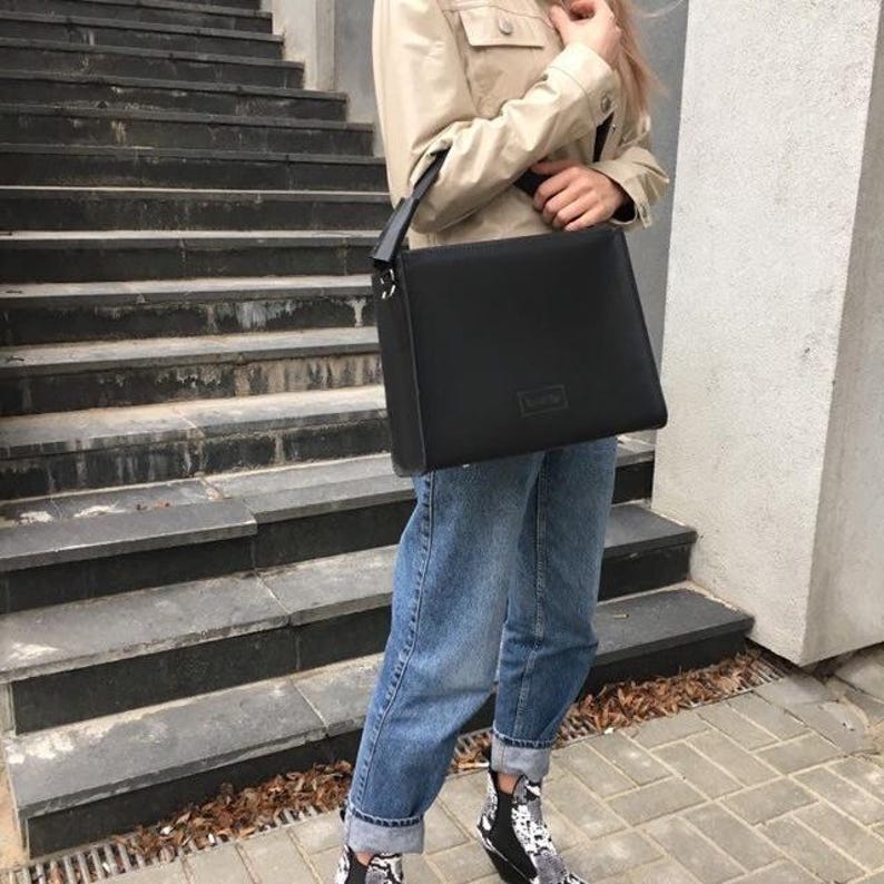 Black Leather Handbag – Large Structured Bag, Square Top Handle Purse ...