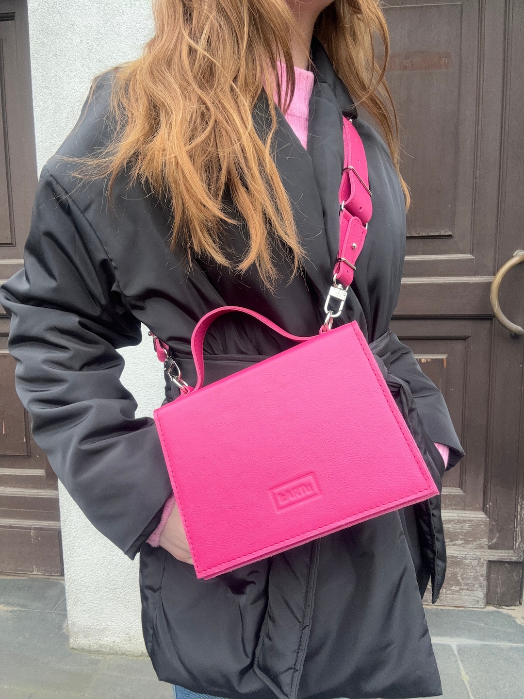 Pink Leather Purse, Natural Leather Cross-body Bag, Minimalistic Model ...