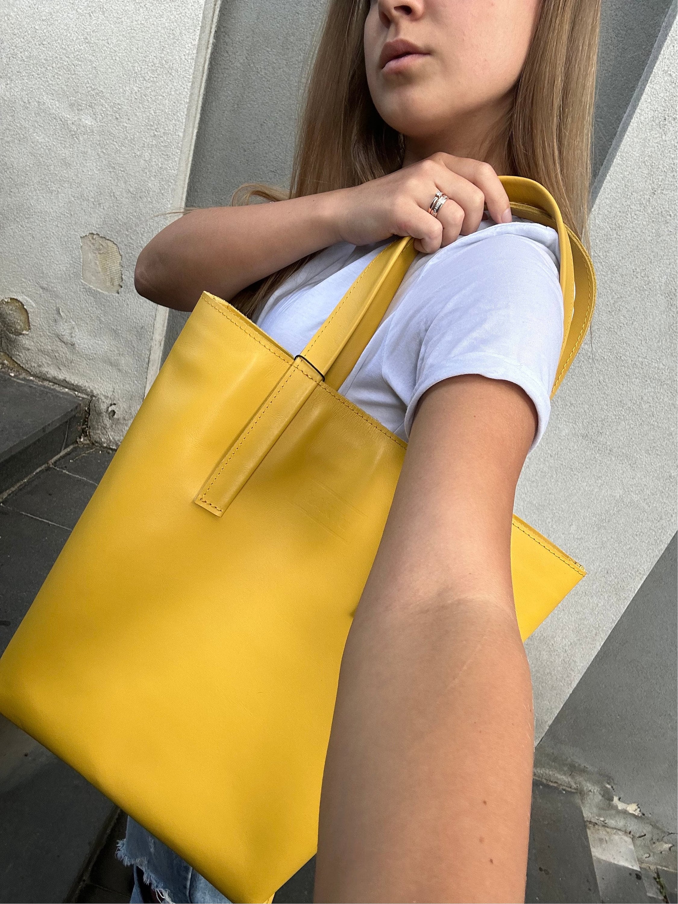 Yellow Tote Handbag, Natural Leather Work Bag for Laptop, Yellow Tote ...