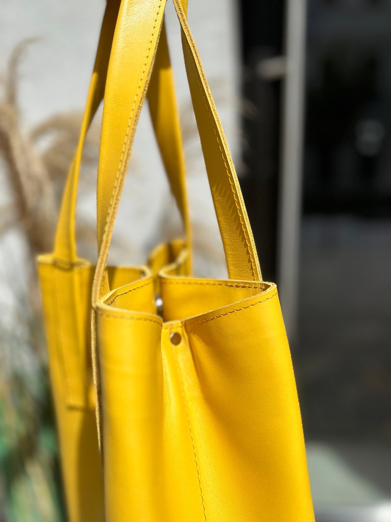 Yellow Tote Handbag, Natural Leather Work Bag for Laptop, Yellow Tote ...