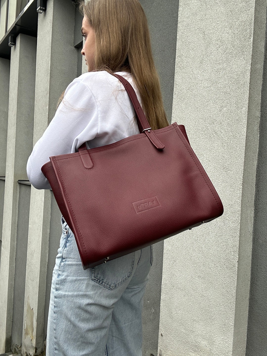 Burgundy Natural Leather Handbag, Leather Tote Bag, Bag for Buisiness ...