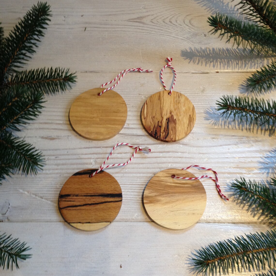 Set of 4 Christmas Decorations, Wooden Decorations, Tree, Bauble ...