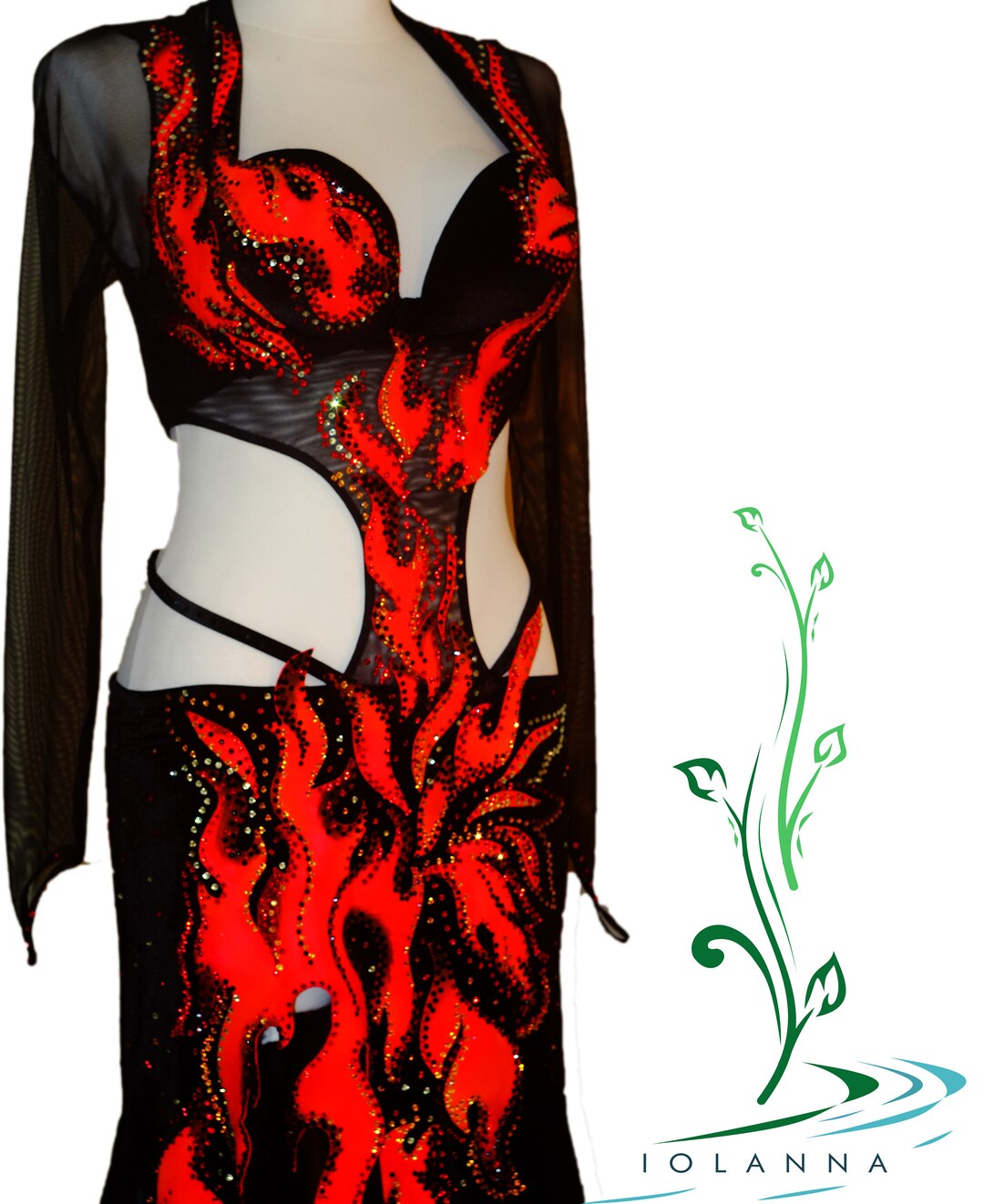 Hot Red Fire Flames on Black Dress for Oriental and Ballroom Dancers ...