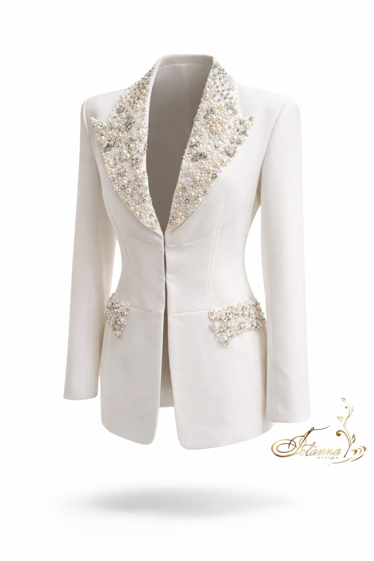 Luxury White Embellished Blazer Jacket With Pearls & Crystals ...
