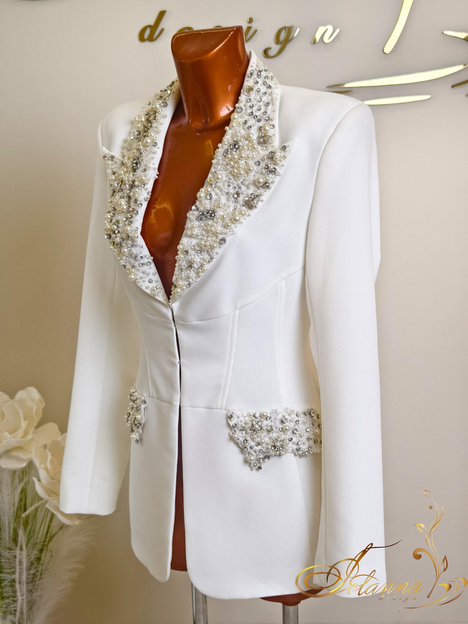 Luxury White Embellished Blazer Jacket With Pearls & Crystals ...