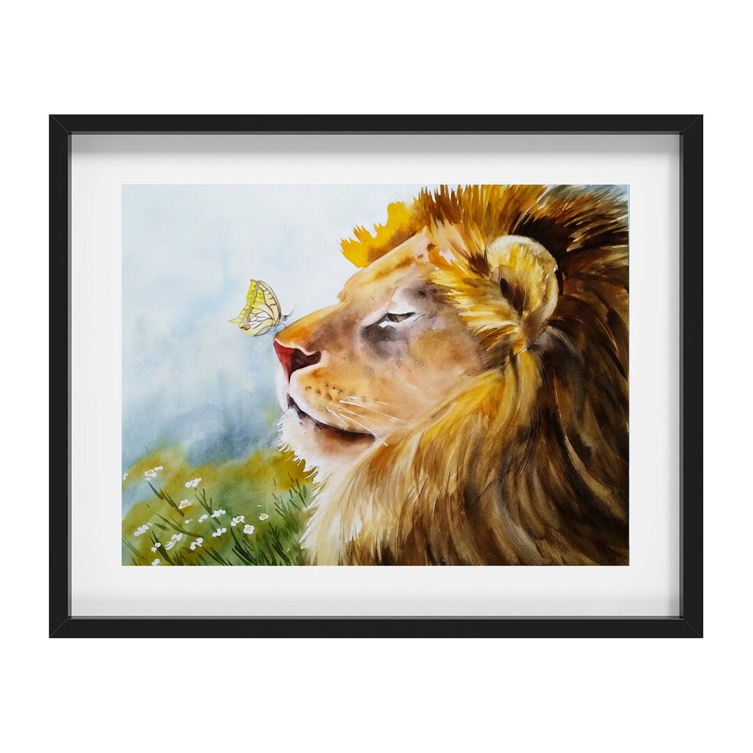 Lion and Butterfly Watercolor Painting: Boho Wall Art (12x16 Inches) - Etsy