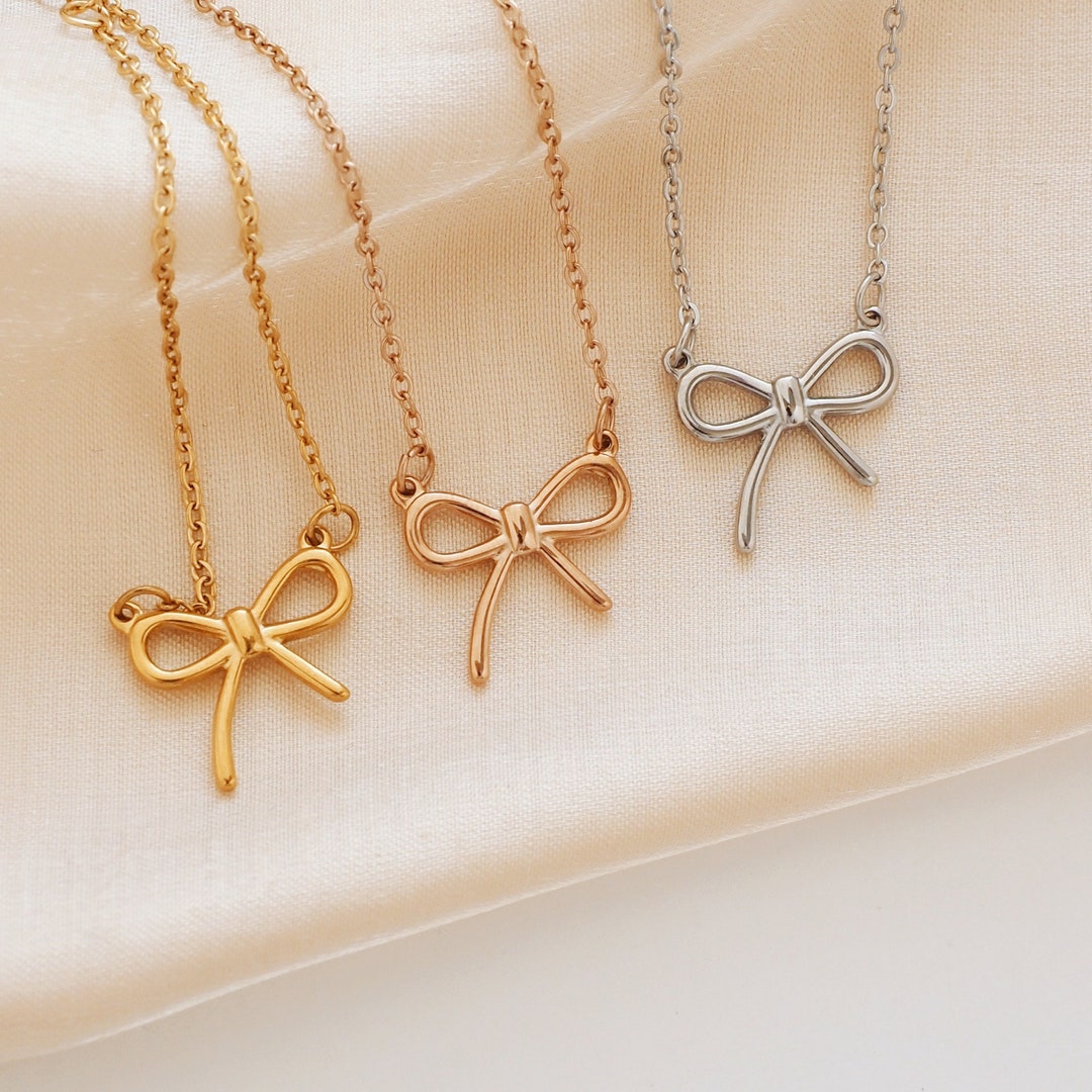 Dainty Bow Necklace for Her Minimalist Bowknot Pendant Gold Bow Jewelry Silver Ribbon Necklace ...