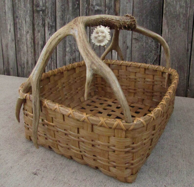 Handmade Reed Basket With Antler Spirit Carvings, Shed Mule Deer Antler ...