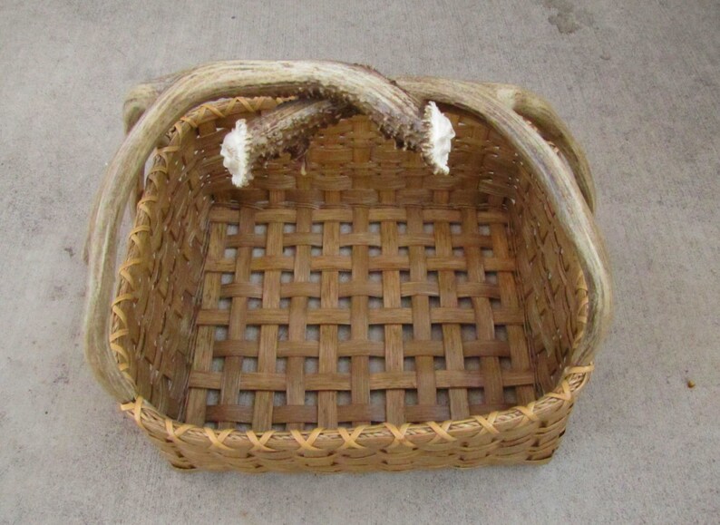 Handmade Reed Basket With Antler Spirit Carvings, Shed Mule Deer Antler ...