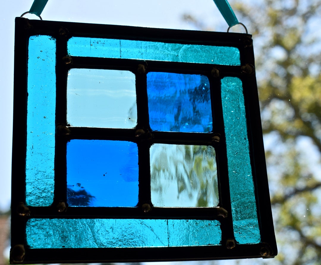 Traditional Leaded Stained Glass Suncatcher Square in Turquoises ...
